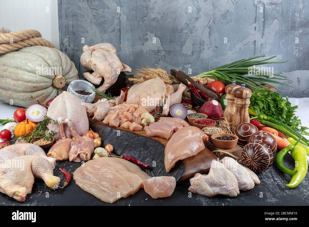 Butcher Chicken Department Several Products Displayed In A Showcase Raw Chicken Carcass In