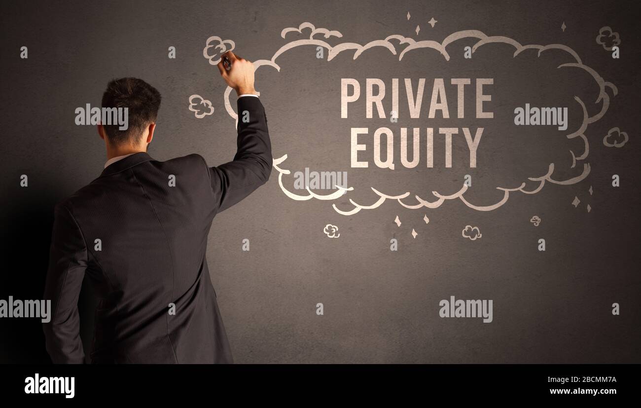 businessman drawing a cloud with PRIVATE EQUITY inscription inside ...