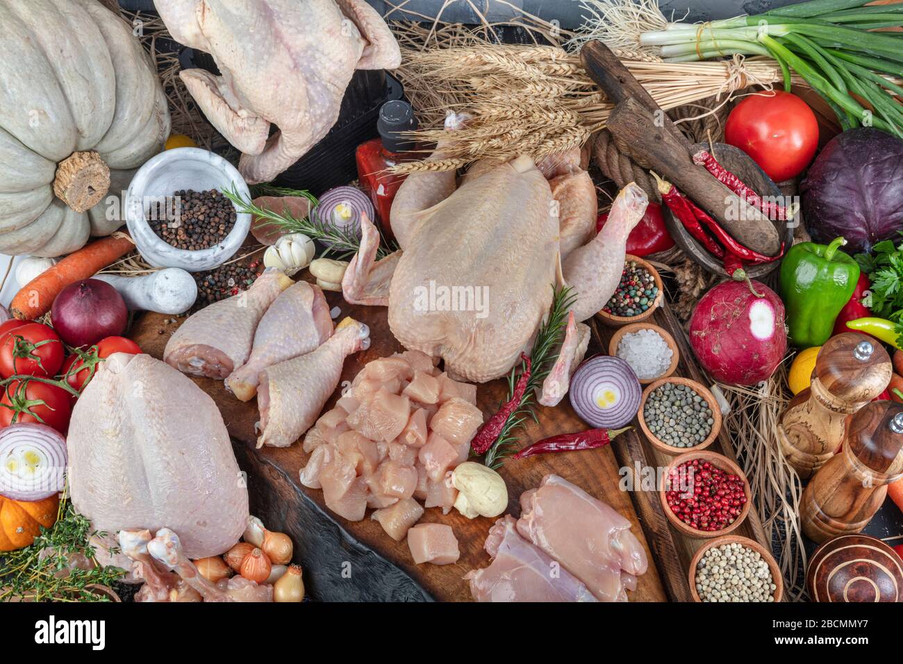 Butcher, chicken department. Several products displayed in a showcase ...