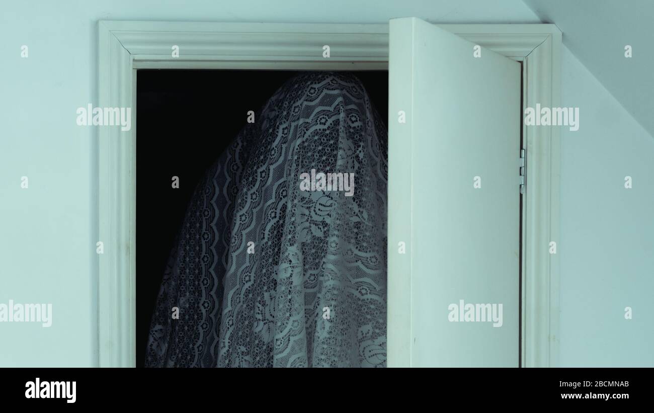 A spooky ghost with a sheet over them. Standing in a closet with the ...