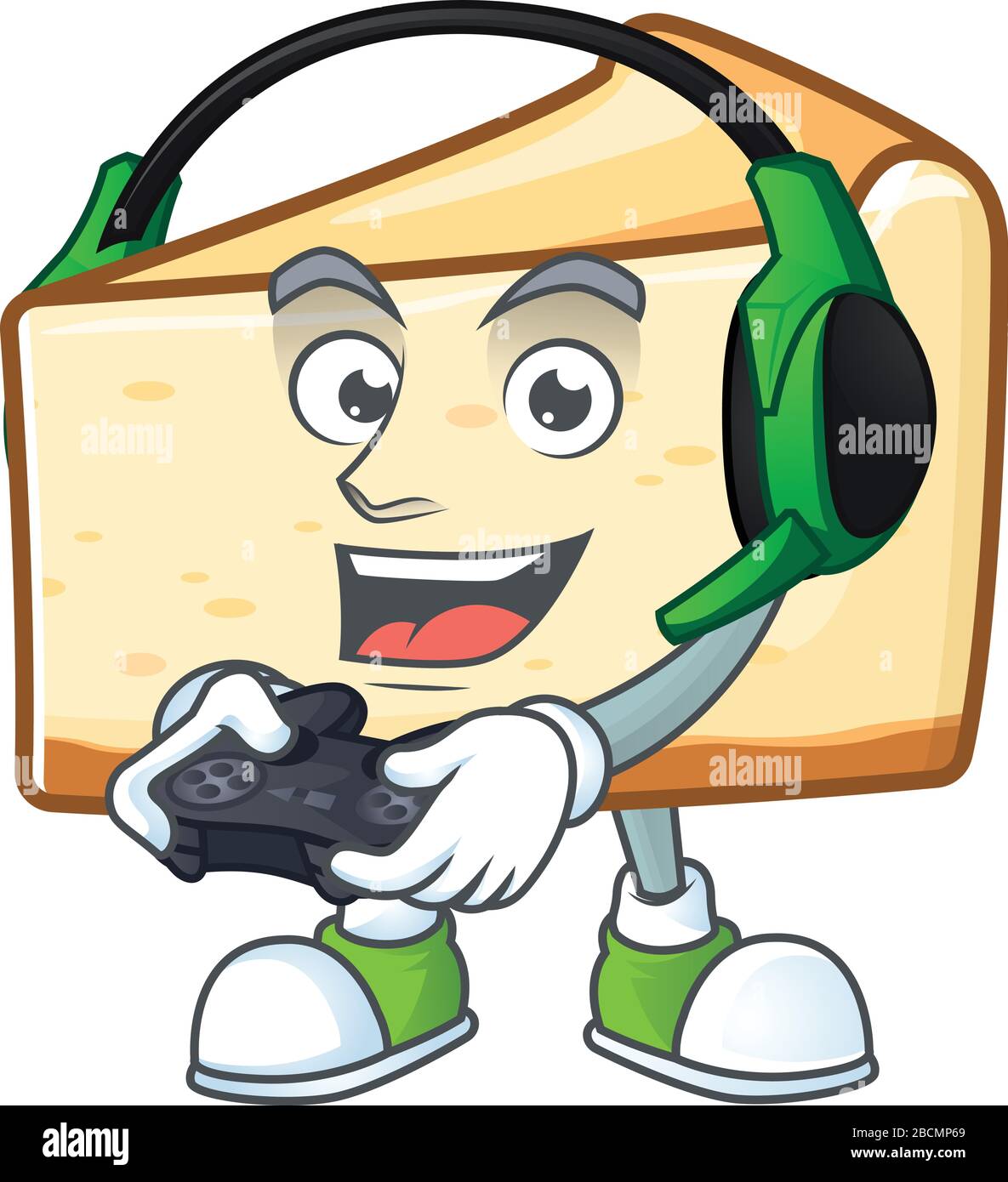 A cartoon design of cheese cake talented gamer play with headphone and ...