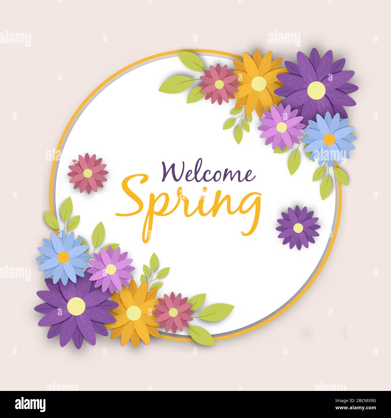 Welcome spring greeting card of colorful floral season illustration ...
