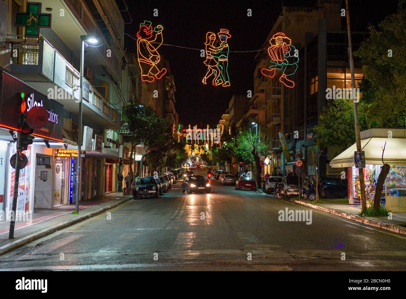 Streets of Patras city decorated for the famous annual Patras Carnival ...