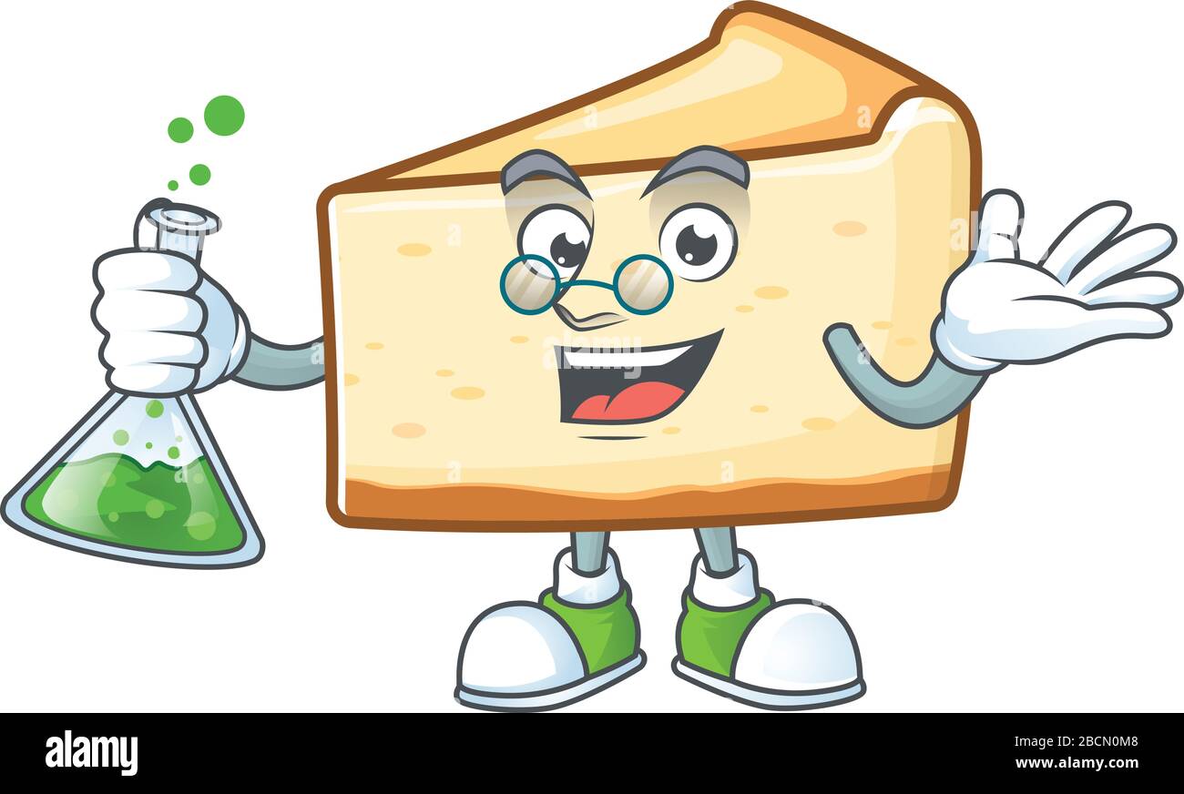 Cheese cake genius Professor Cartoon character holding glass tube Stock ...