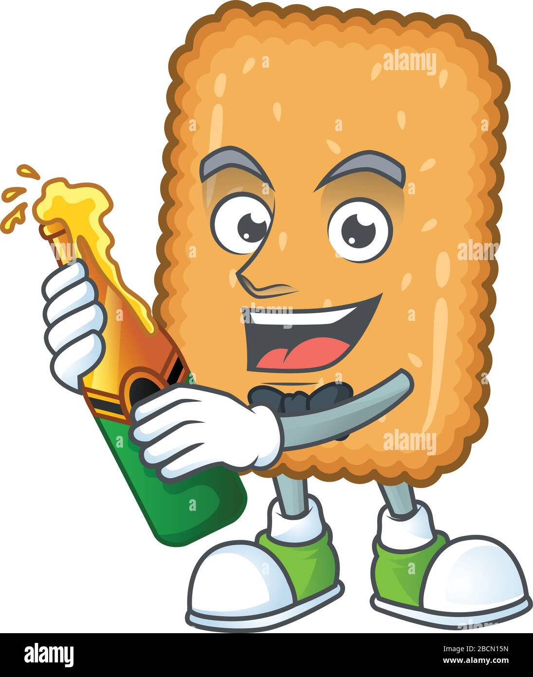 Mascot cartoon design of biscuit making toast with a bottle of beer ...