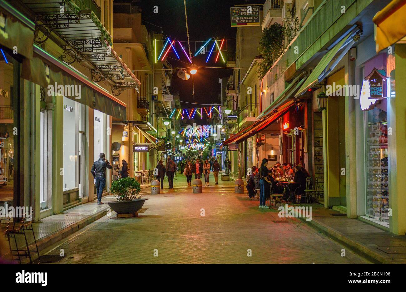 Streets of Patras city decorated for the famous annual Patras Carnival ...