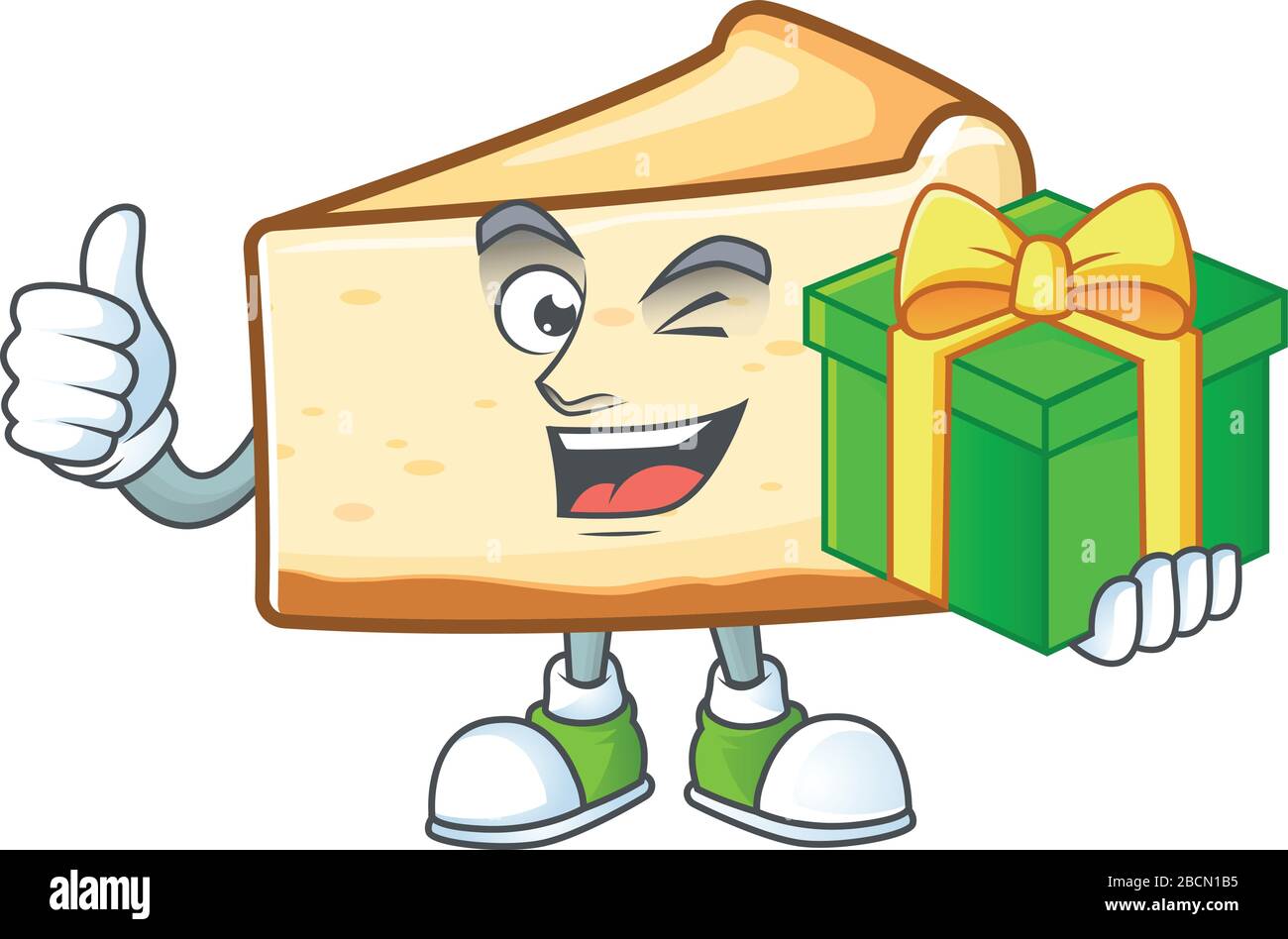 Smiley cheese cake cartoon character holding a gift box Stock Vector ...