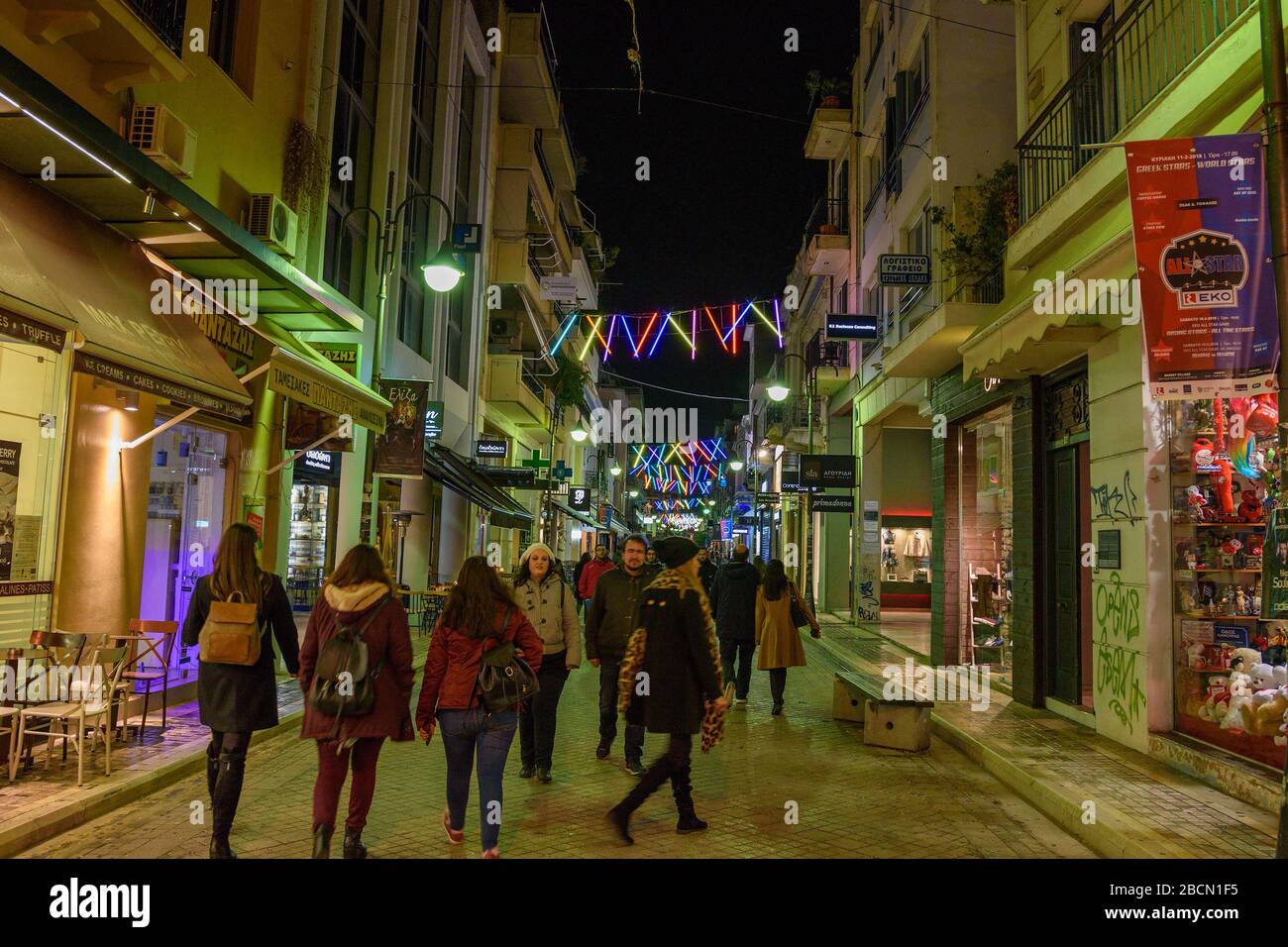Streets of Patras city decorated for the famous annual Patras Carnival ...