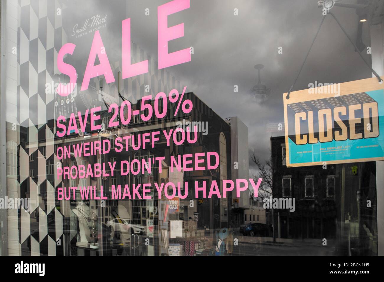Closed shop announcing: sale, 20-50% off "on weird stuff you probably ...