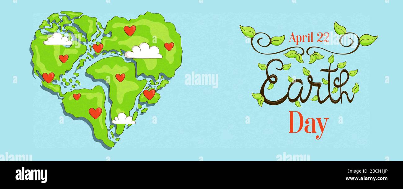 Earth day greeting card with heart shape world map illustration for ...