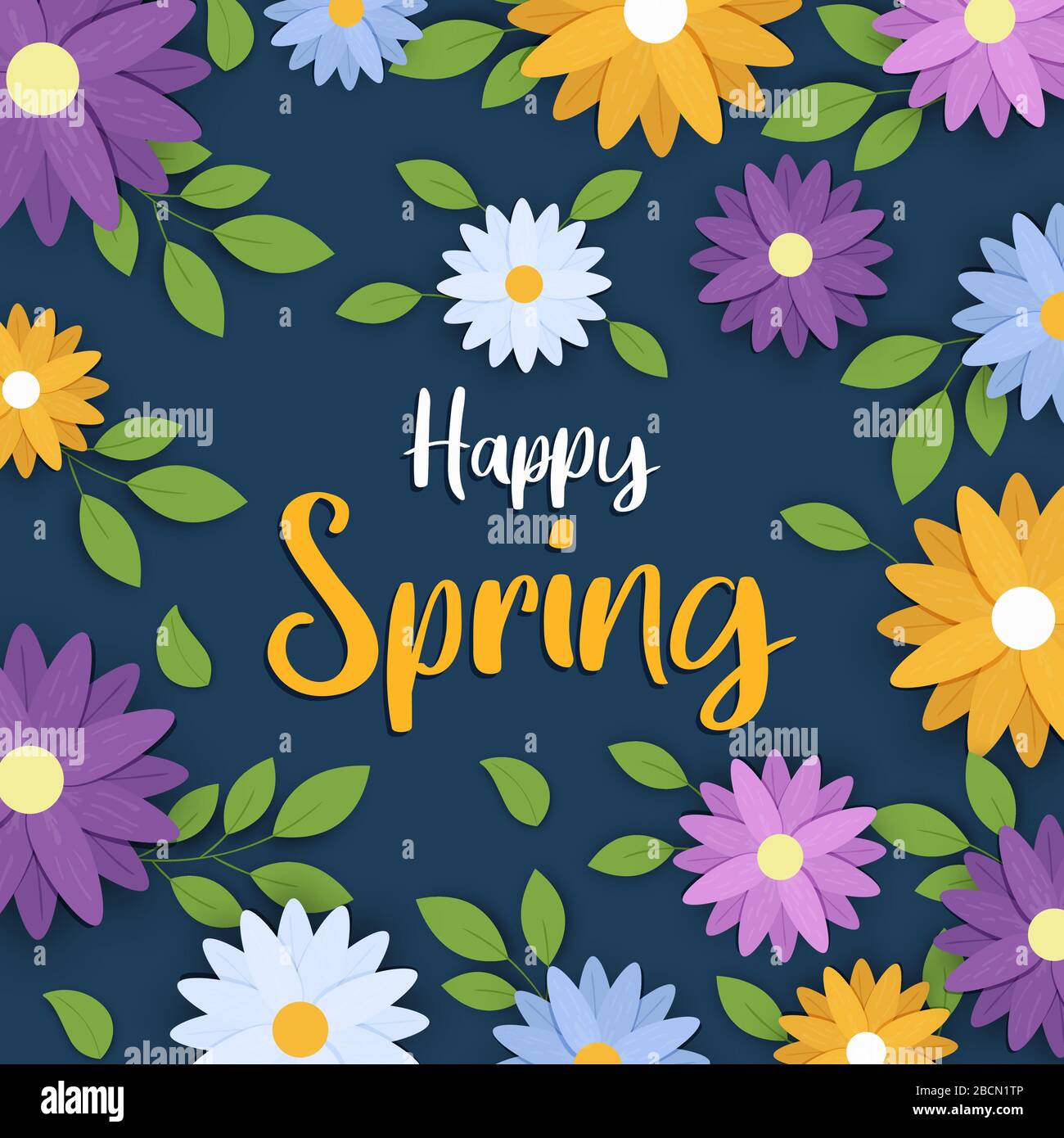 Happy spring greeting card of colorful floral season illustration with ...