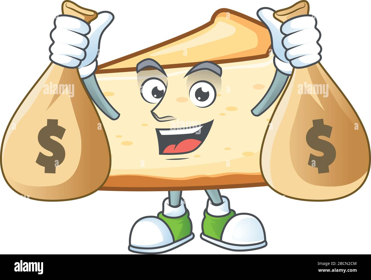 Blissful rich cheese cake cartoon character having money bags Stock ...