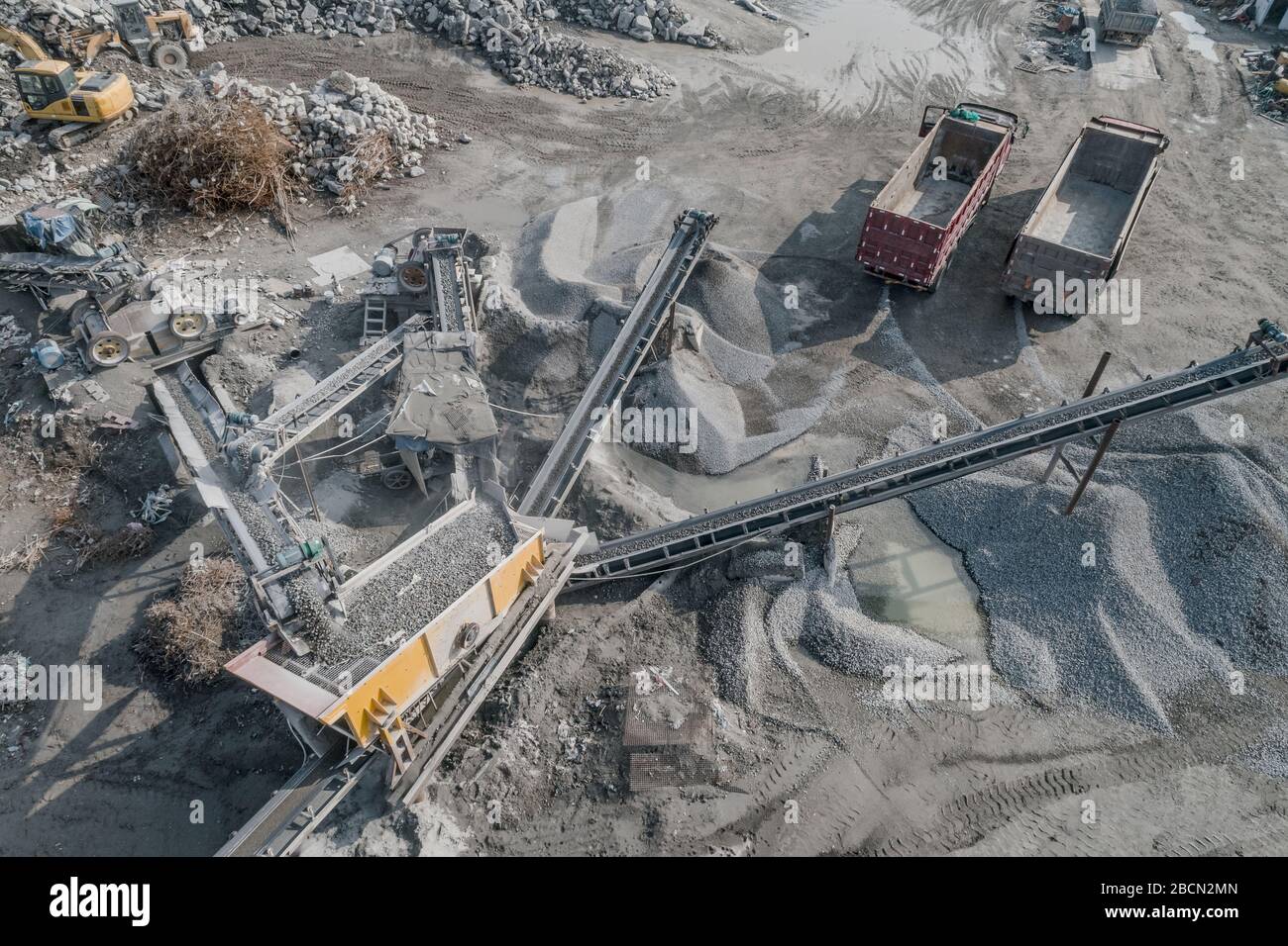 Aerial view of crushed stone quarry machine in a construction material ...