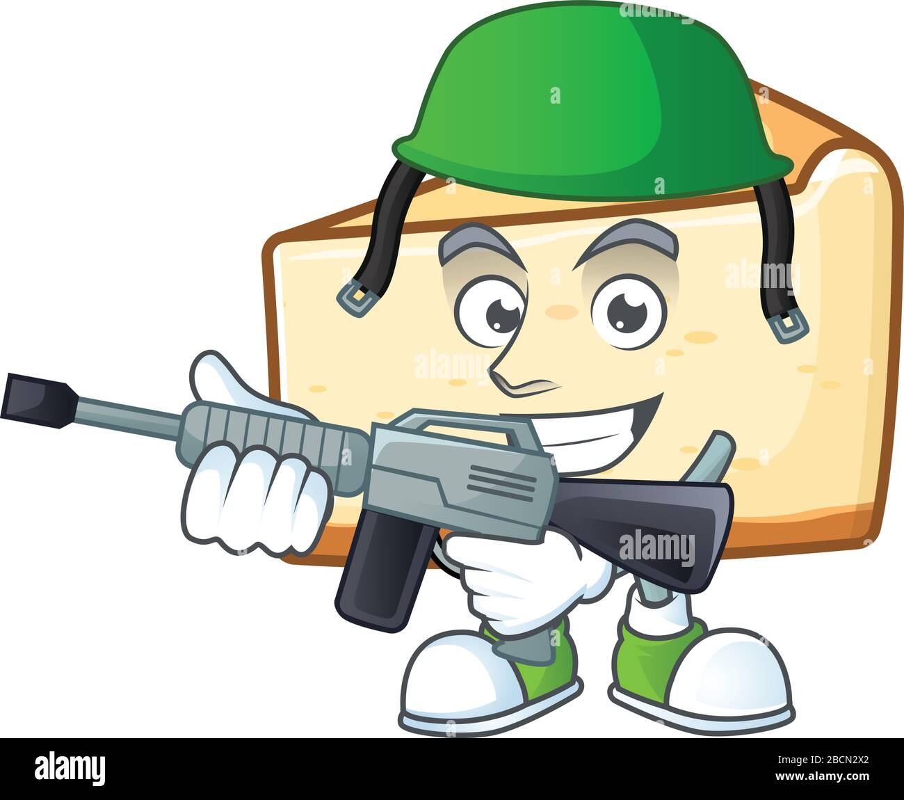 An elegant cheese cake Army mascot design style using automatic gun ...