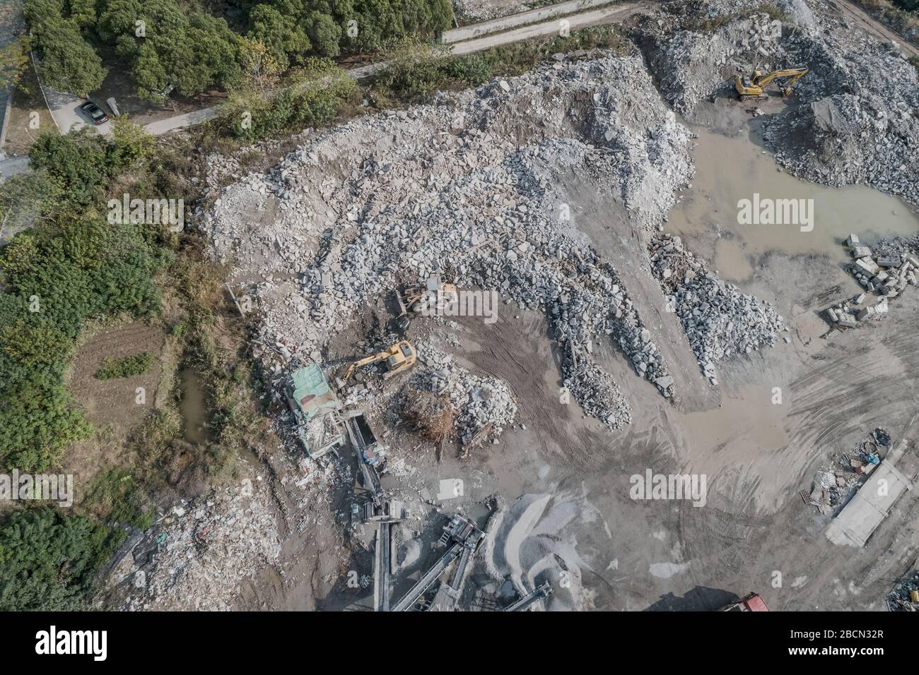 Aerial view of crushed stone quarry machine in a construction material ...