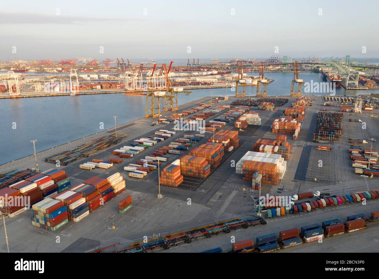 Aerial views of container shipping docks at the Port of Los Angeles ...