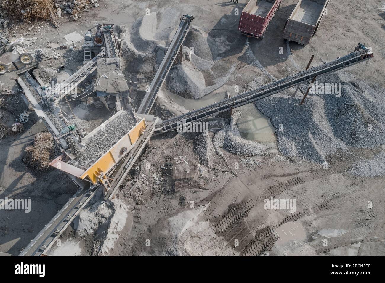Aerial view of crushed stone quarry machine in a construction material ...