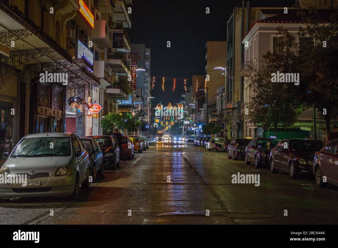 Streets of Patras city decorated for the famous annual Patras Carnival ...
