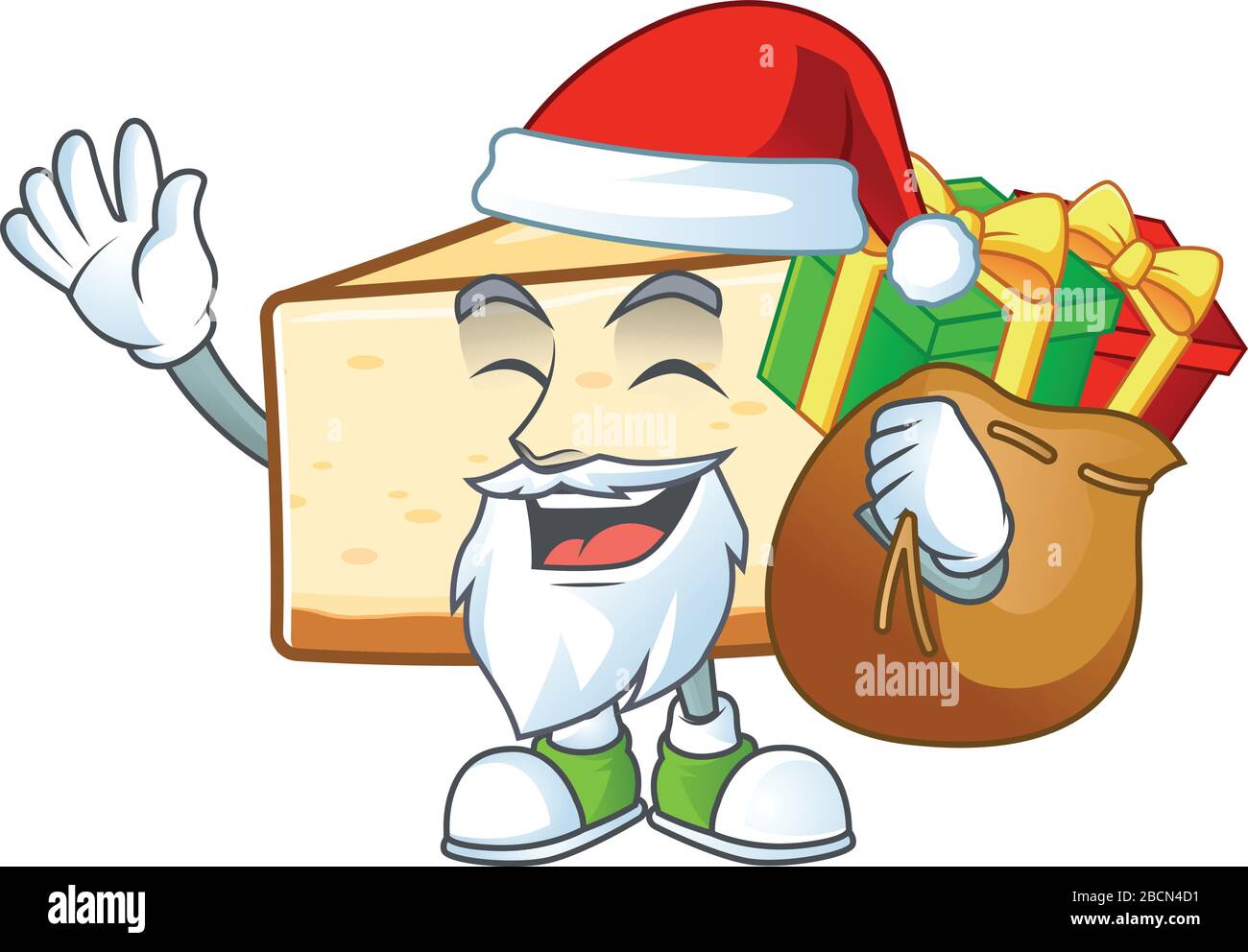 Santa cheese cake Cartoon character design with sacks of gifts Stock ...