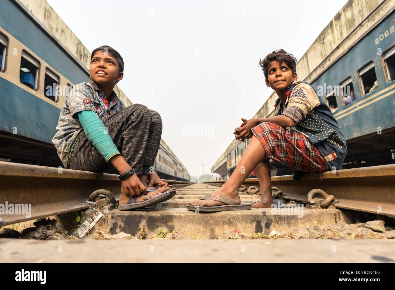 Dhaka / Bangladesh - January 19, 2019: Two young boys smile while ...