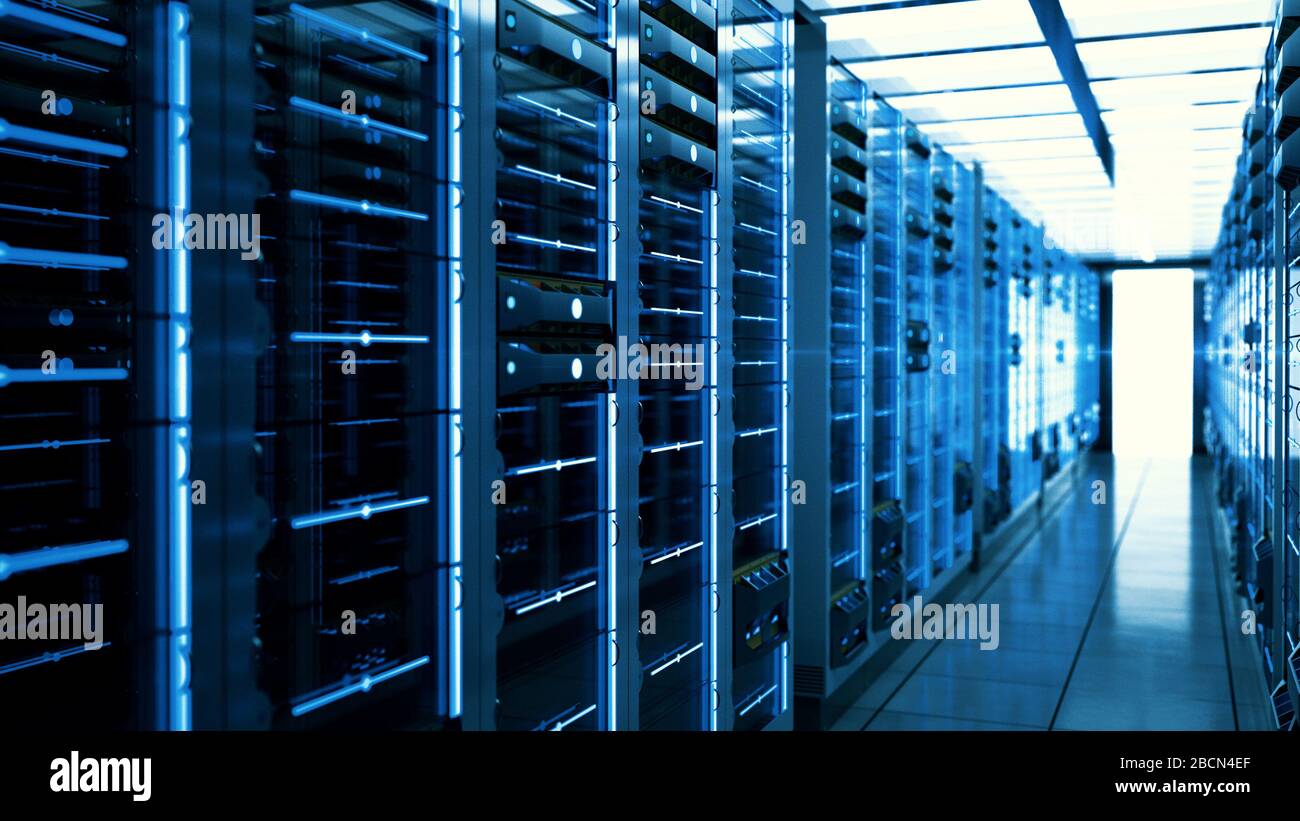 Server racks in computer network security server room data center. 3D ...
