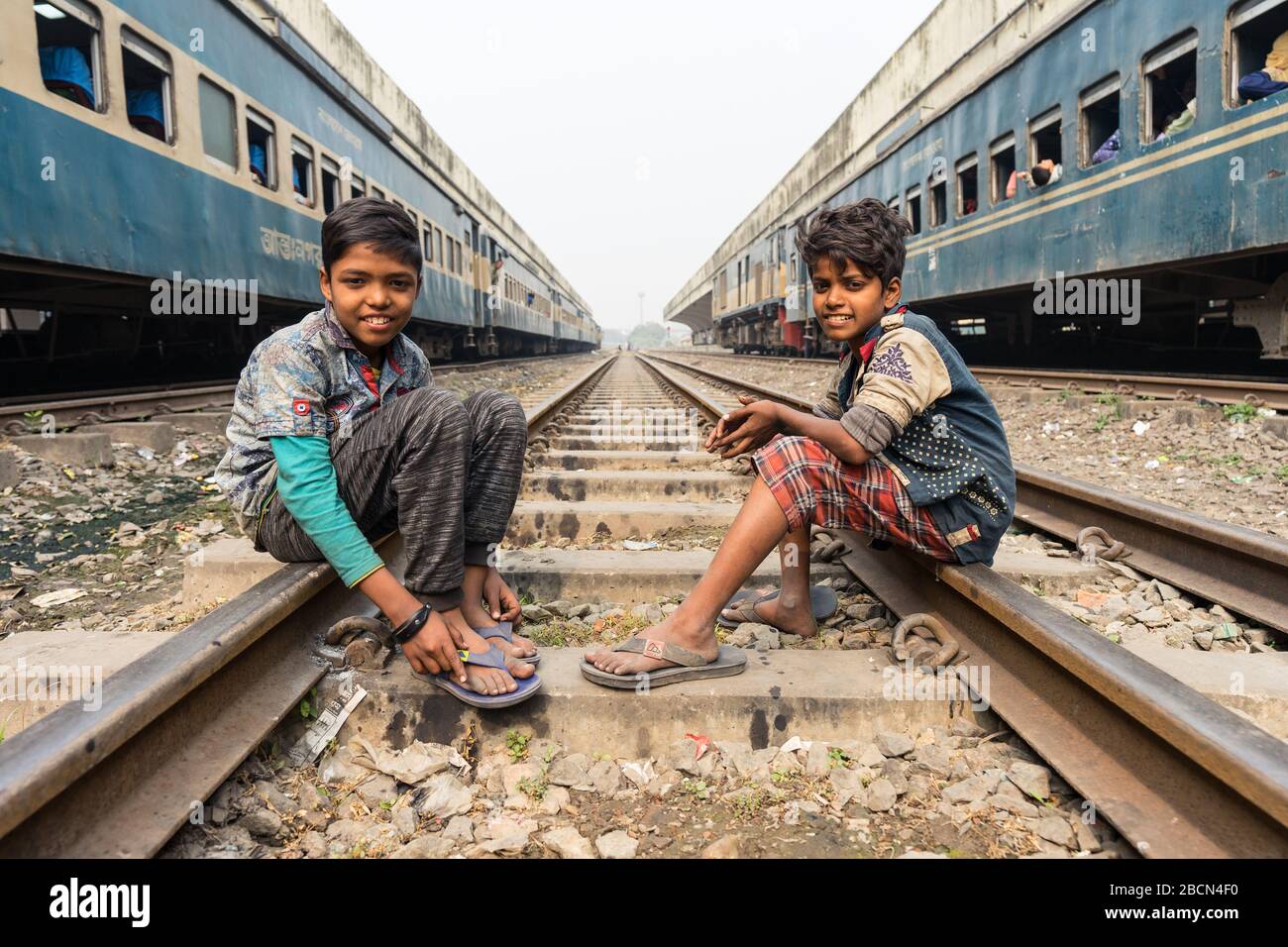 Dhaka / Bangladesh - January 19, 2019: Two young boys smile while ...
