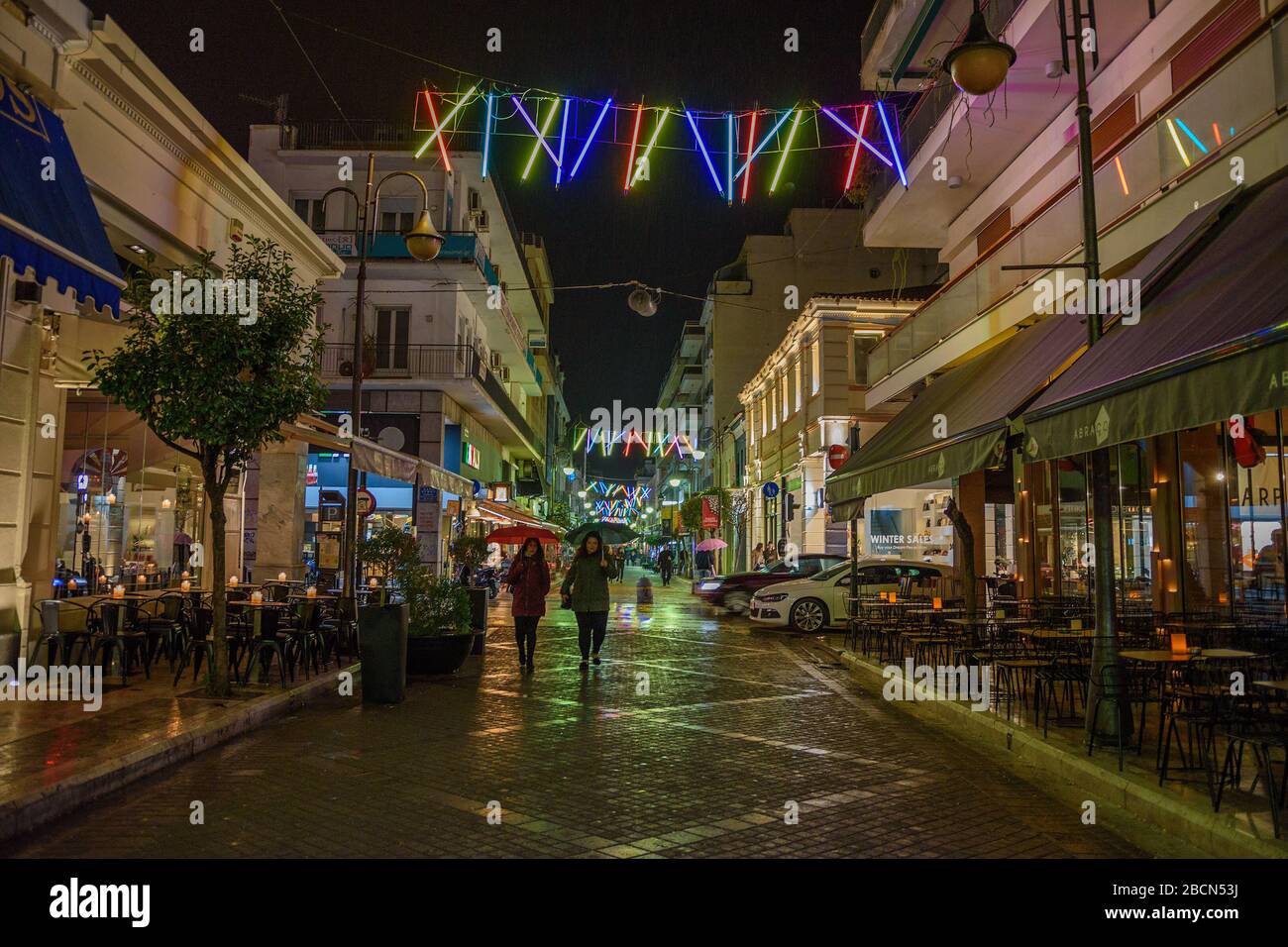 Streets of Patras city decorated for the famous annual Patras Carnival ...