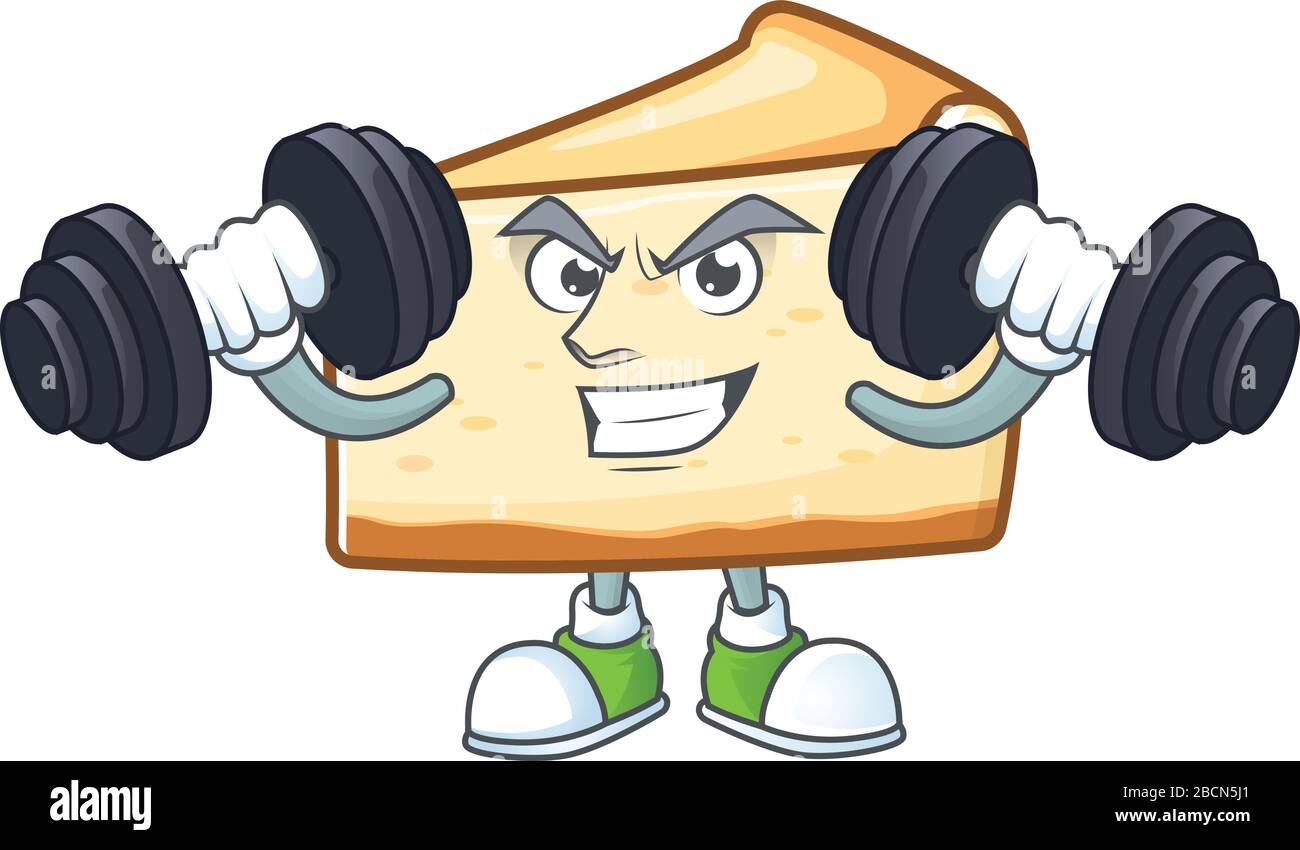 Fitness exercise cheese cake cartoon character using barbells Stock ...