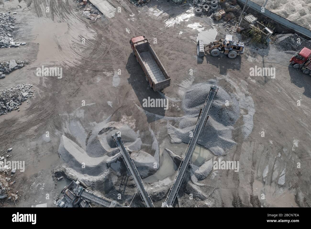 Aerial view of crushed stone quarry machine in a construction material ...