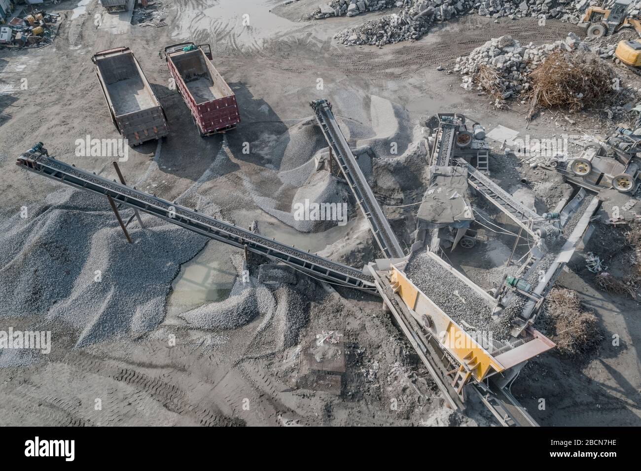 Aerial view of crushed stone quarry machine in a construction material ...