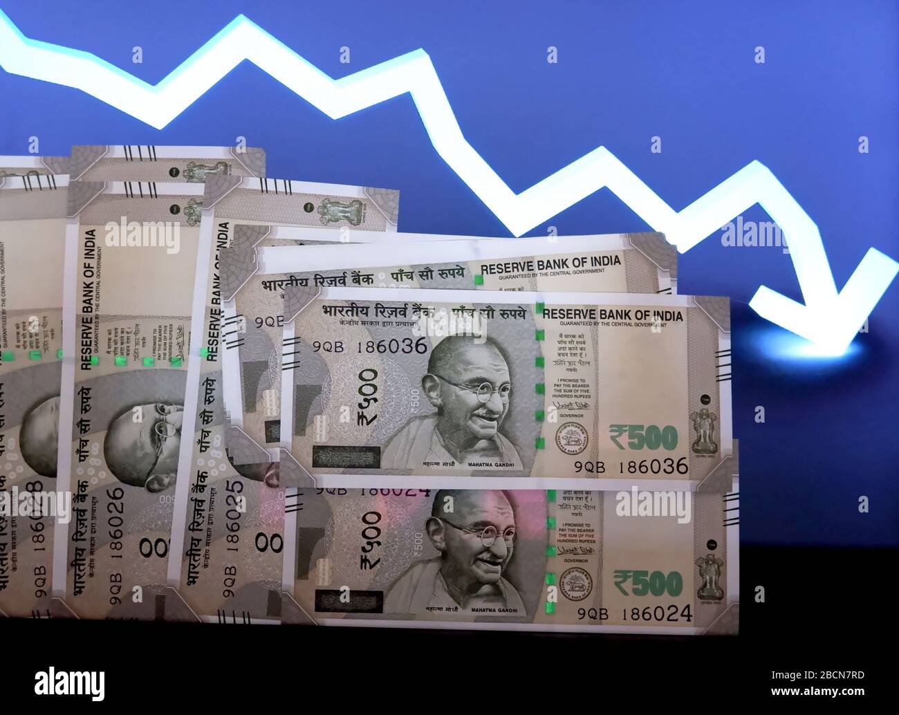 In this photo illustration Five hundred Rupee notes are seen on display ...