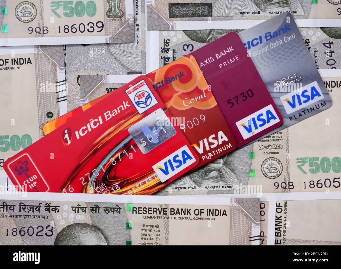 In this photo illustration Five hundred Rupee notes are seen on display ...