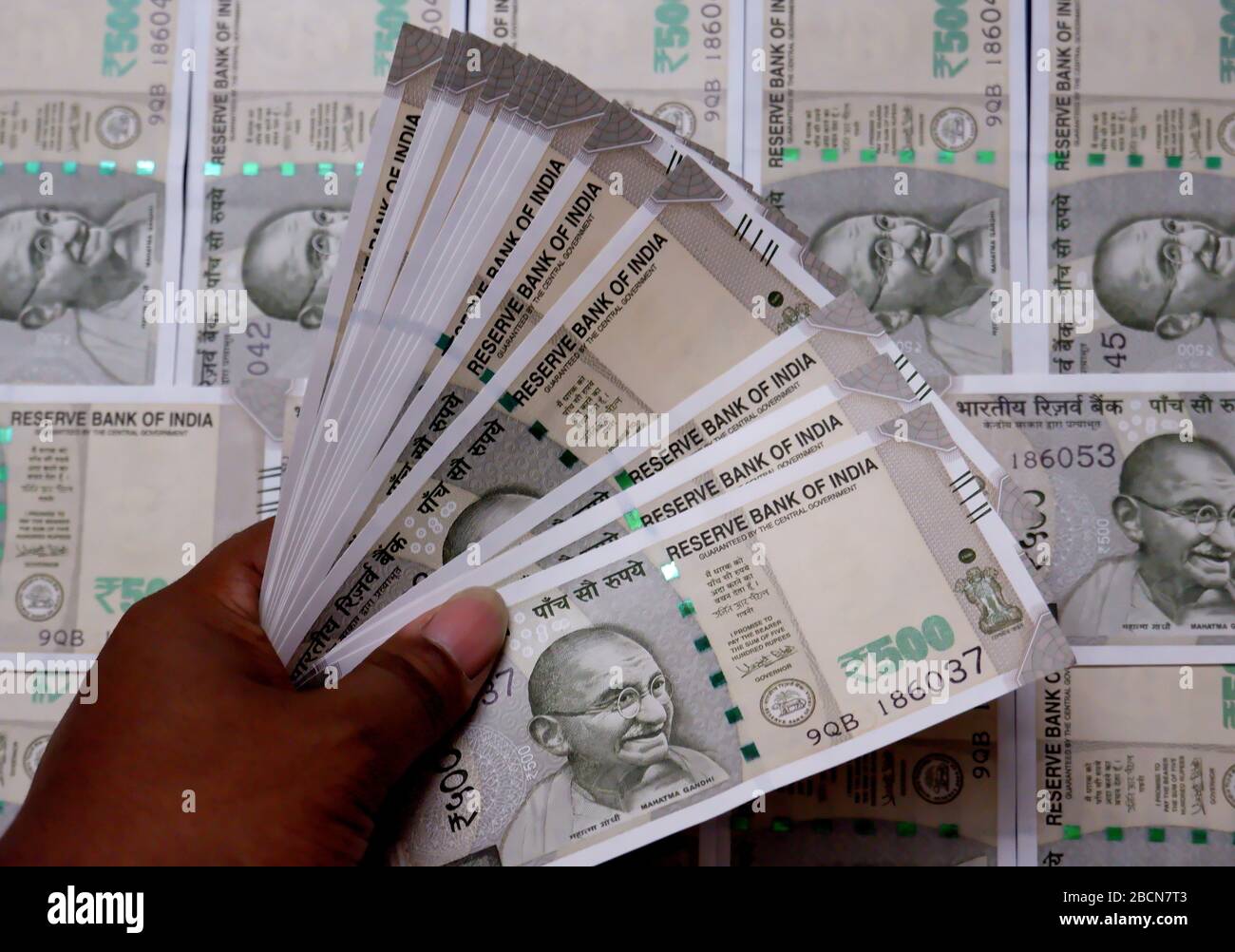 In this photo illustration Five hundred Rupee notes are seen on display ...