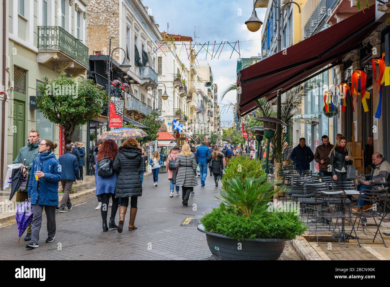 Streets of Patras city decorated for the famous annual Patras Carnival ...