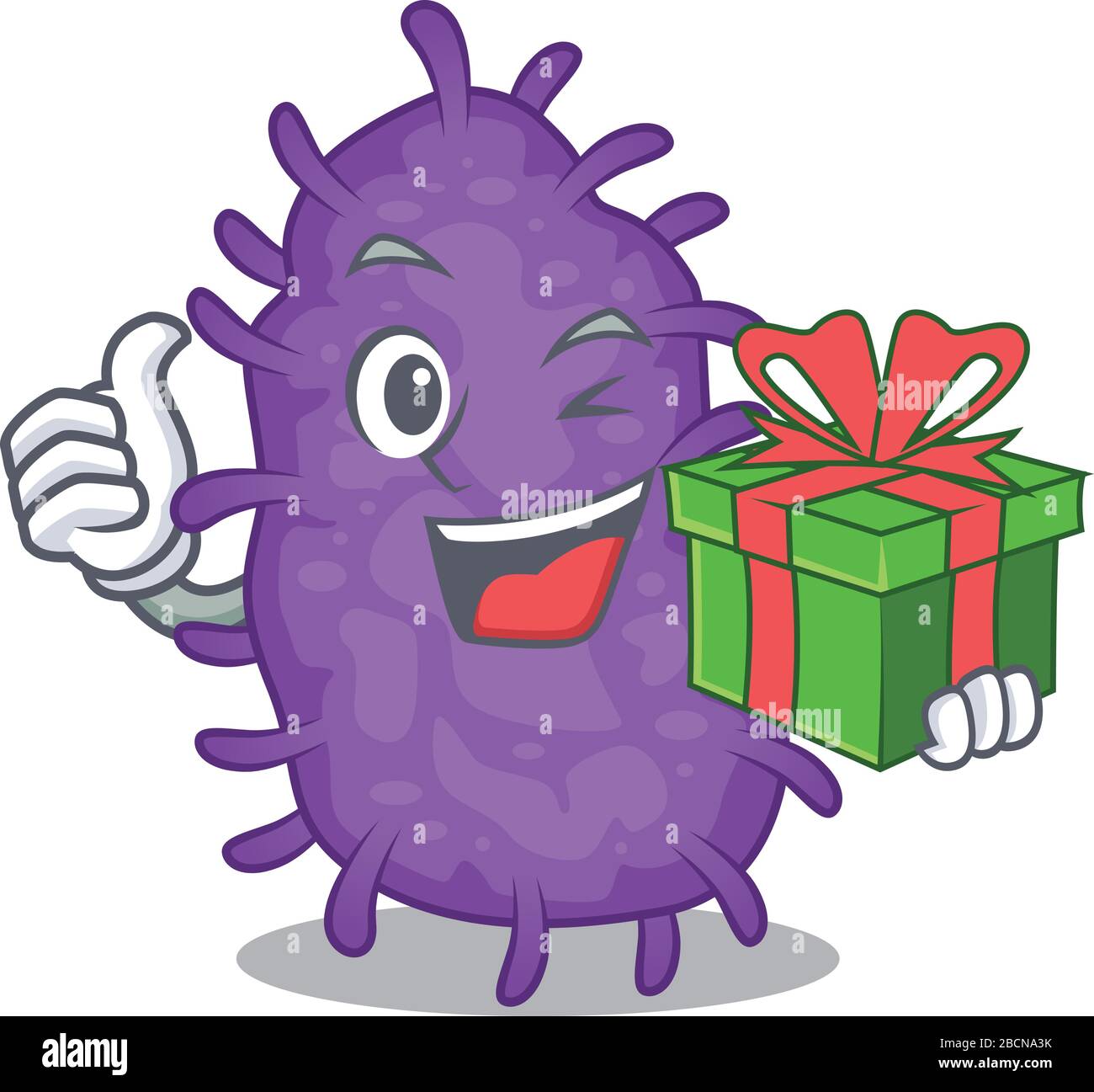 Smiling bacteria bacilli cartoon character having a green gift box ...