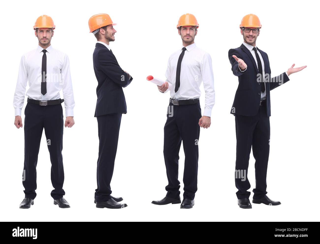 panoramic photo collage of architect expert isolated on white Stock ...