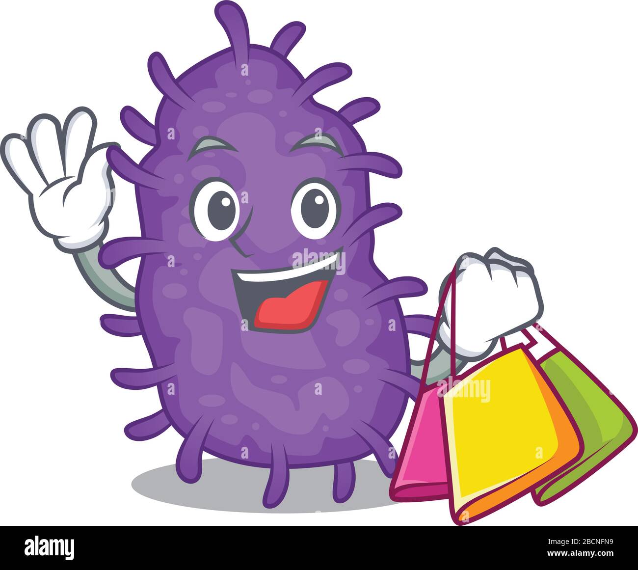 Rich and famous bacteria bacilli cartoon character holding shopping ...