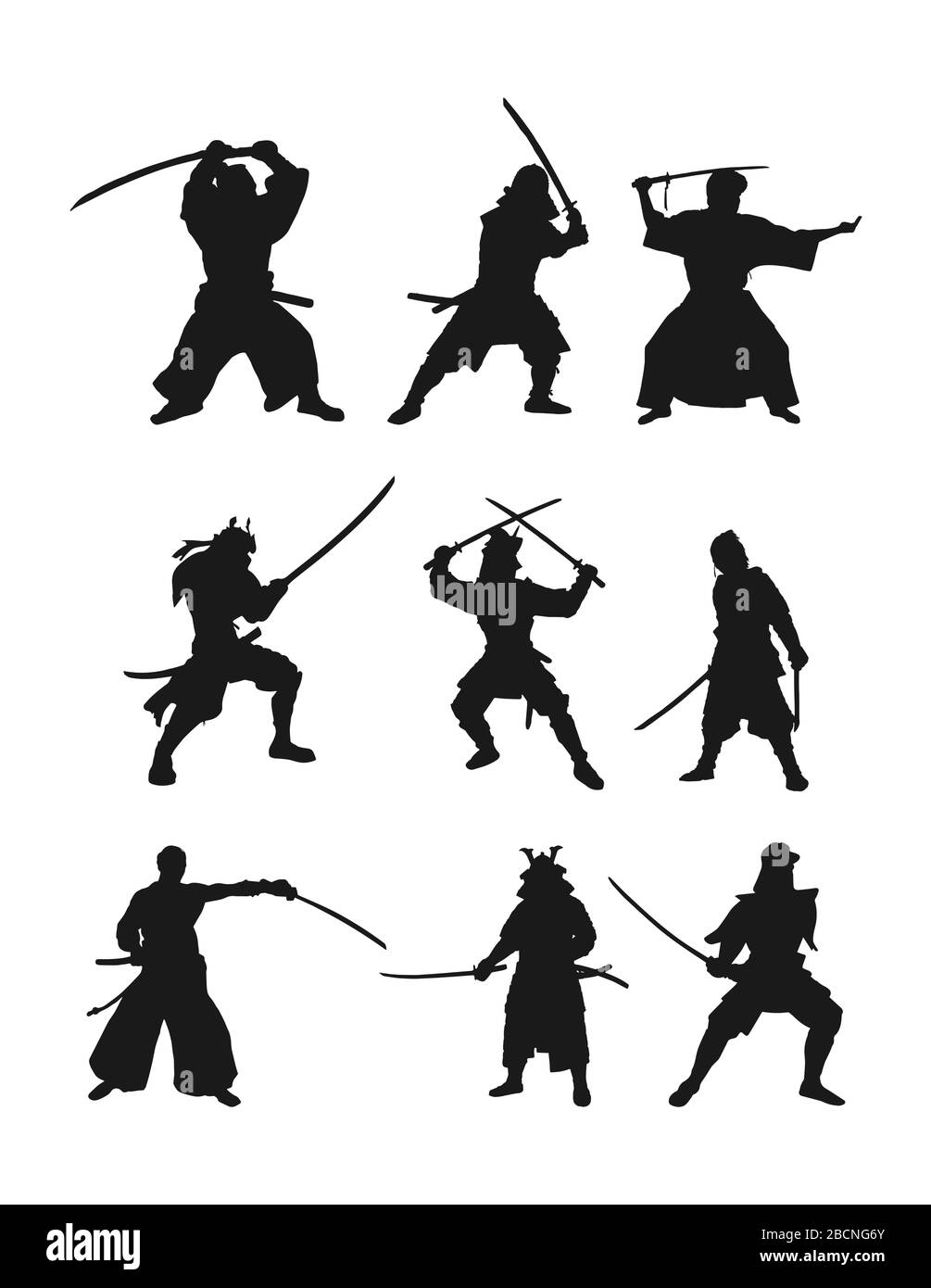 Vector set of flat samurai silhouettes isolated on white background ...