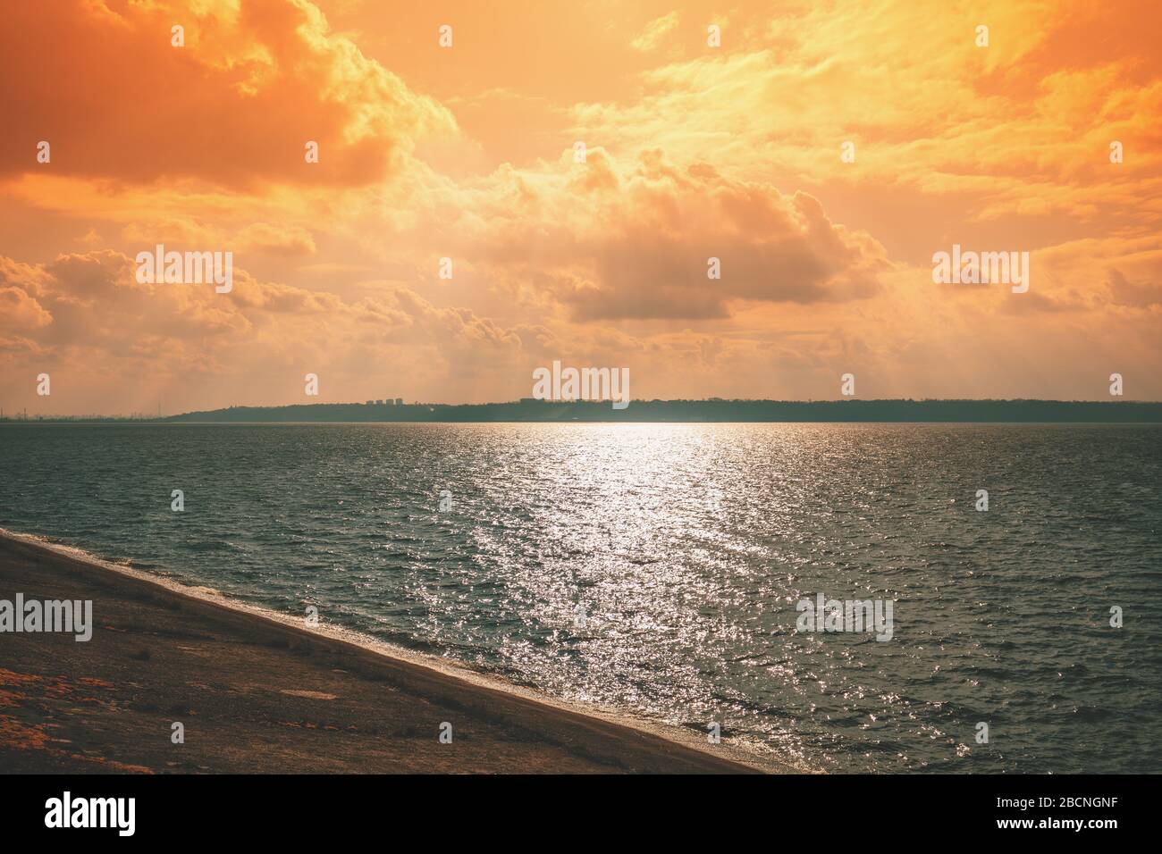 The seascape in the evening with a beautiful dramatic sky. Sunset over ...
