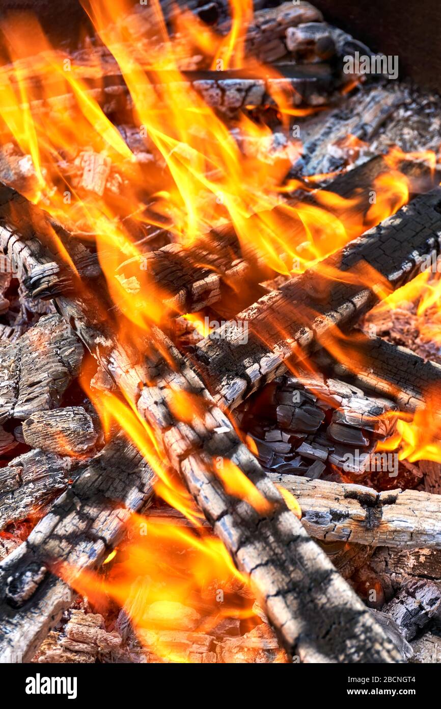 Wood fire background. Black burnt wood with orange flames and embers ...