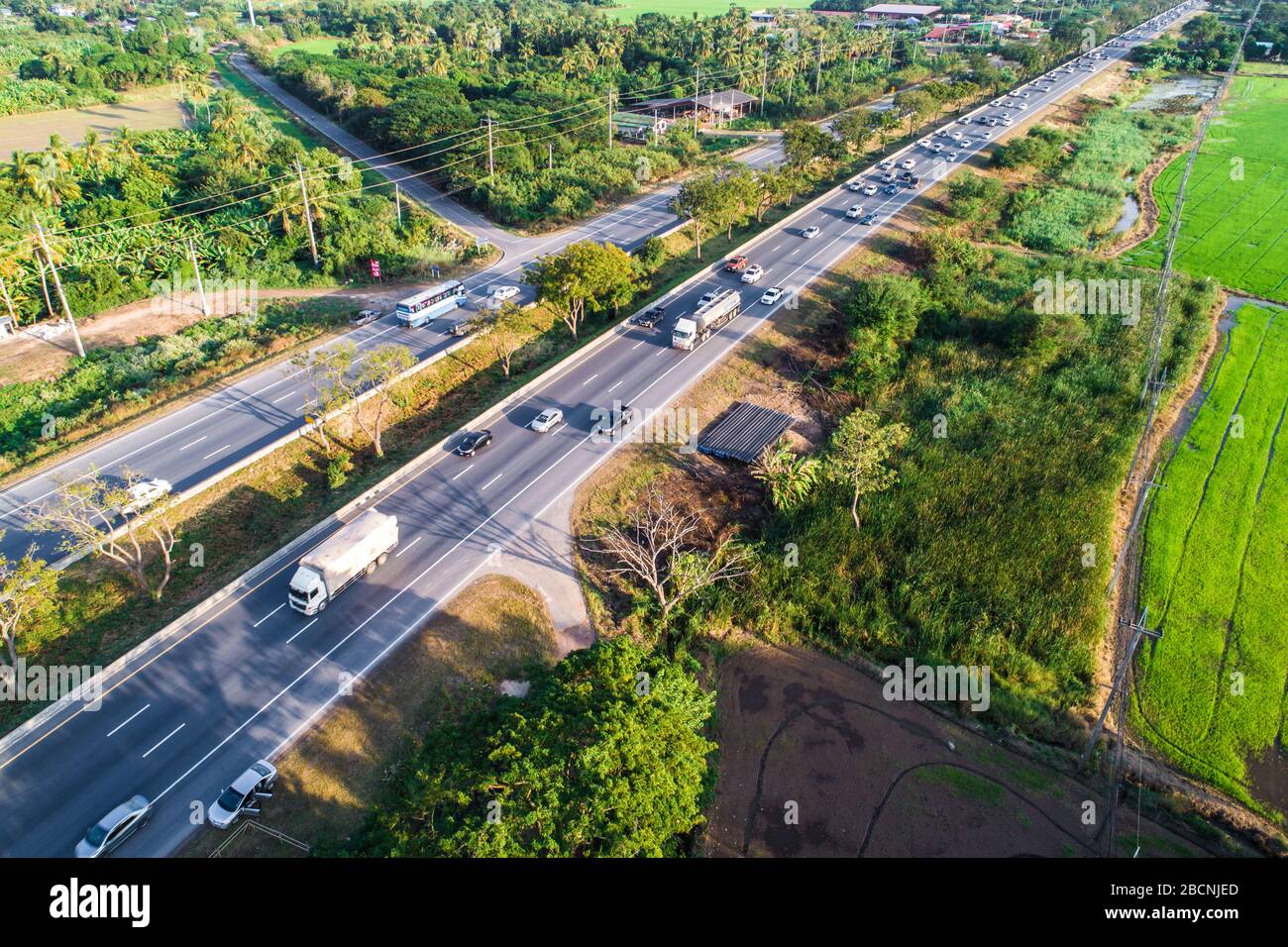 Main rural road green tree with car movement, Transport concept Stock ...
