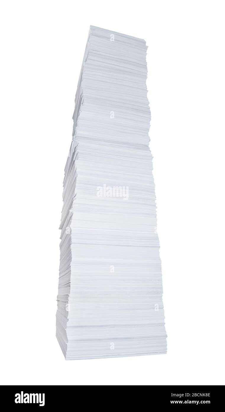 Very tall stack of paper isolated on a white background Stock Photo - Alamy
