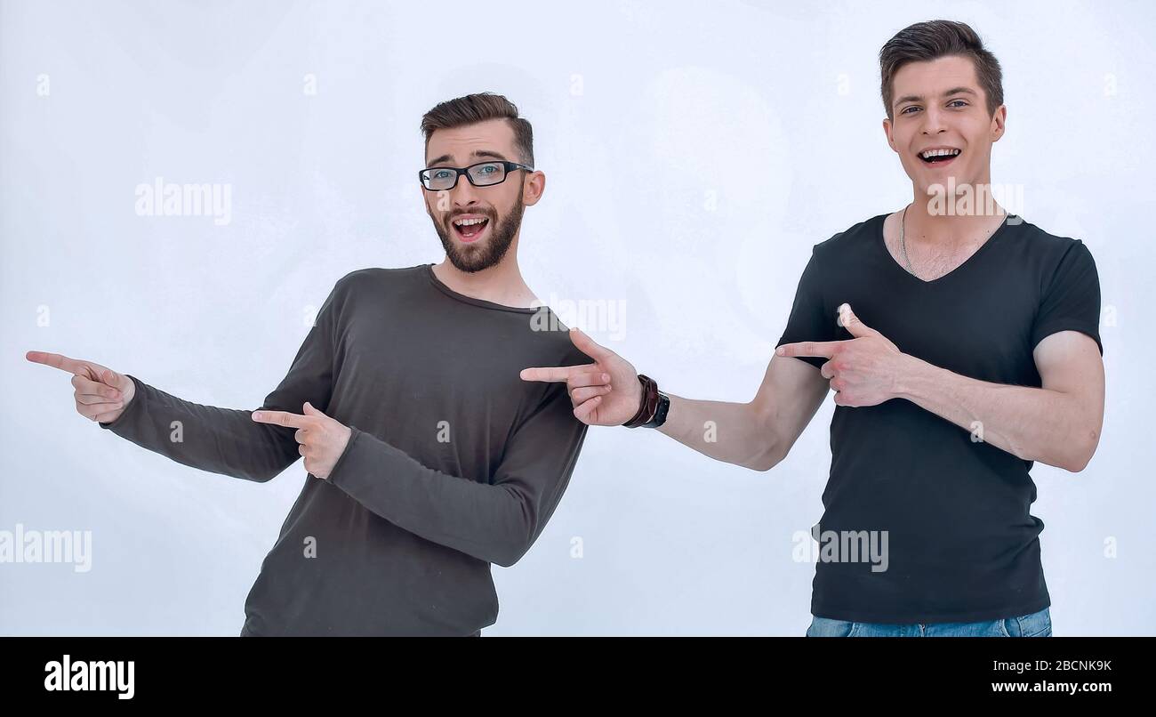 men showing on empty space with finger isolated Stock Photo - Alamy