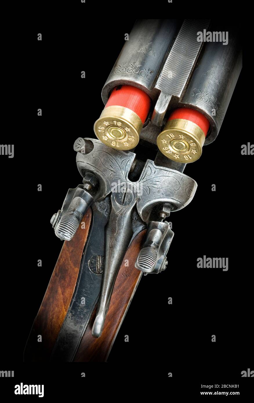 Mechanism of vintage double barrel hunting gun with shells close-up ...