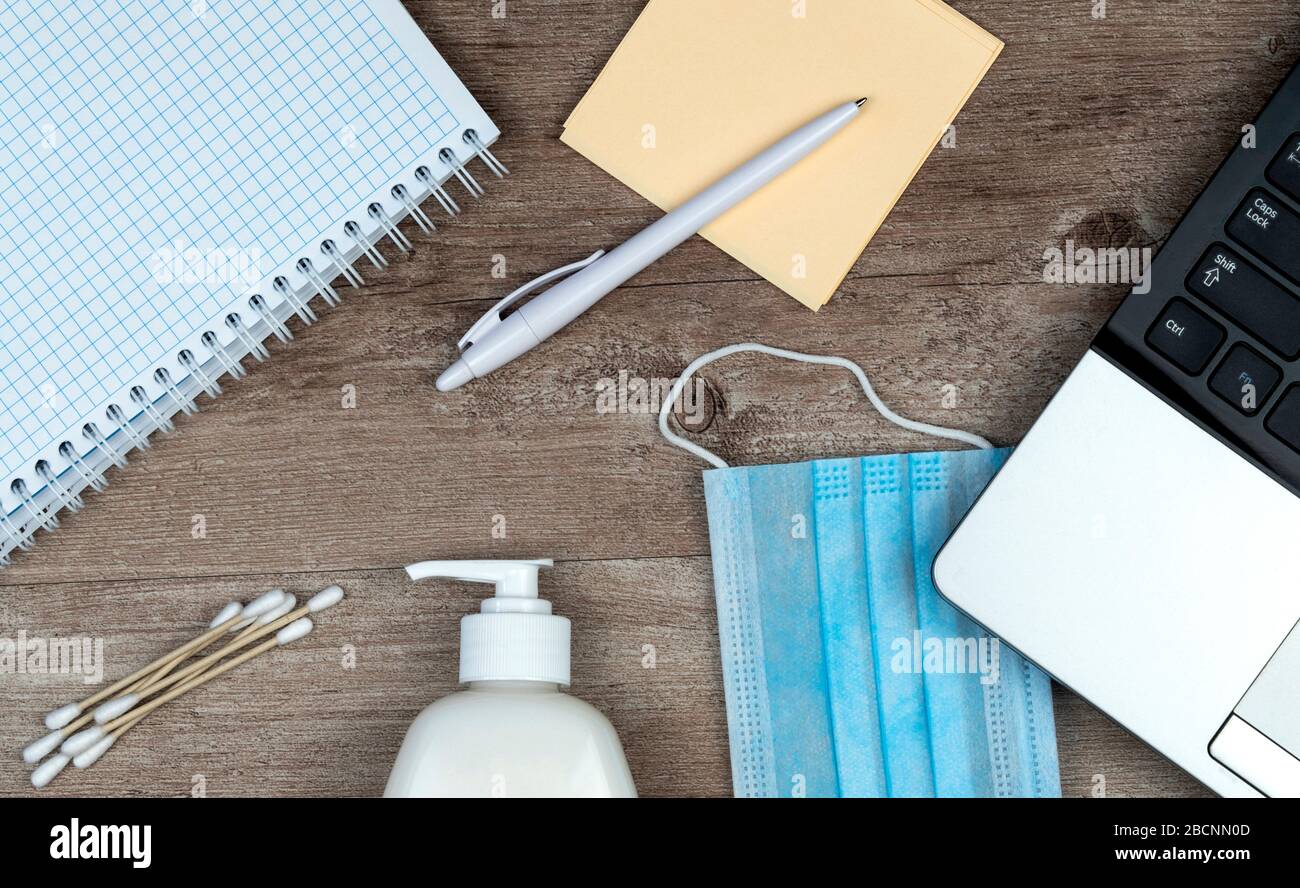 hygiene in the office. Top view office desk, desktop with laptop, phone ...