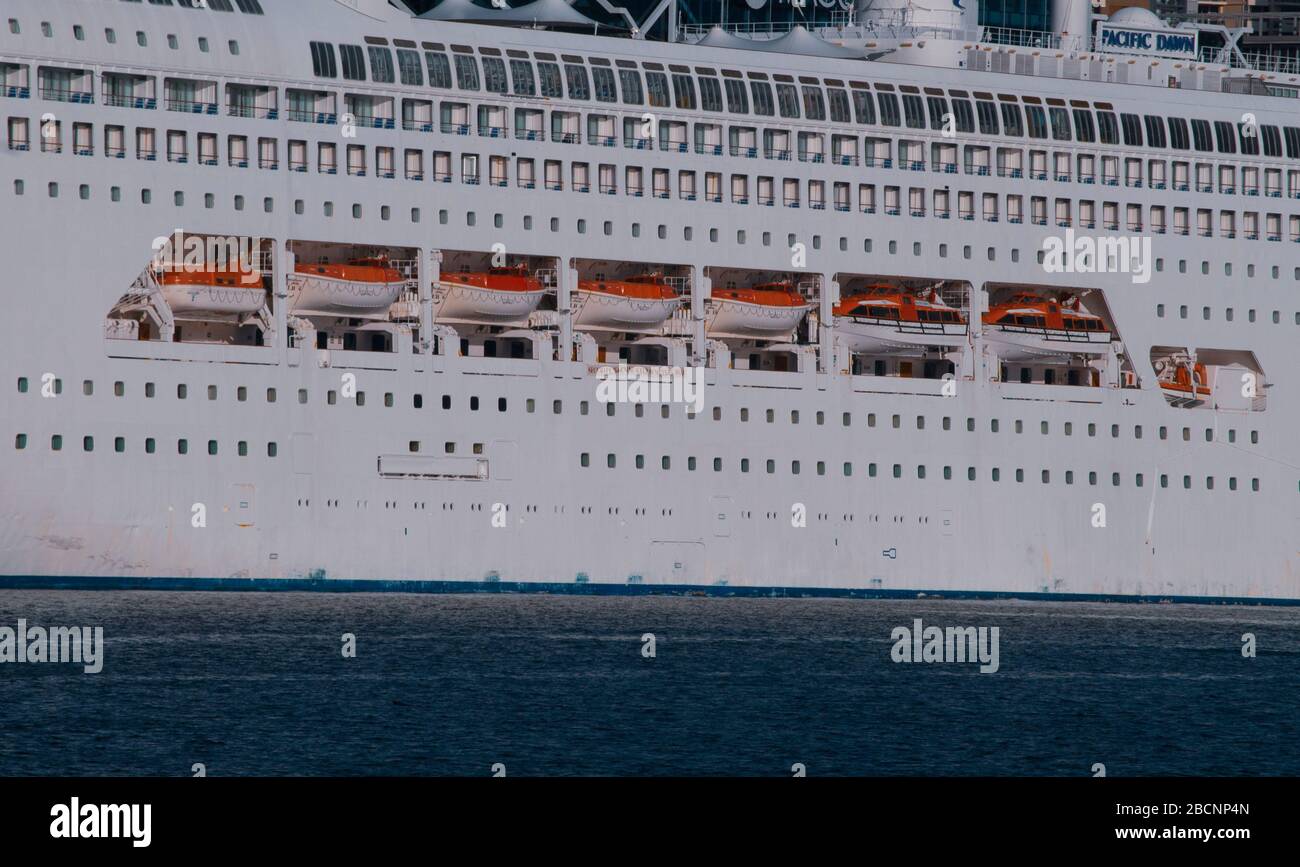 Cruise liner Pacific Dawn on Sydney Harbour showing life boats Stock ...