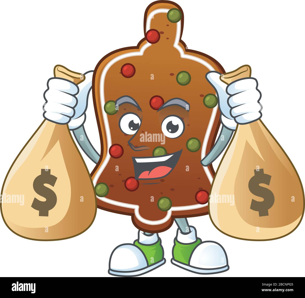 Blissful rich gingerbread bell cartoon character having money bags ...