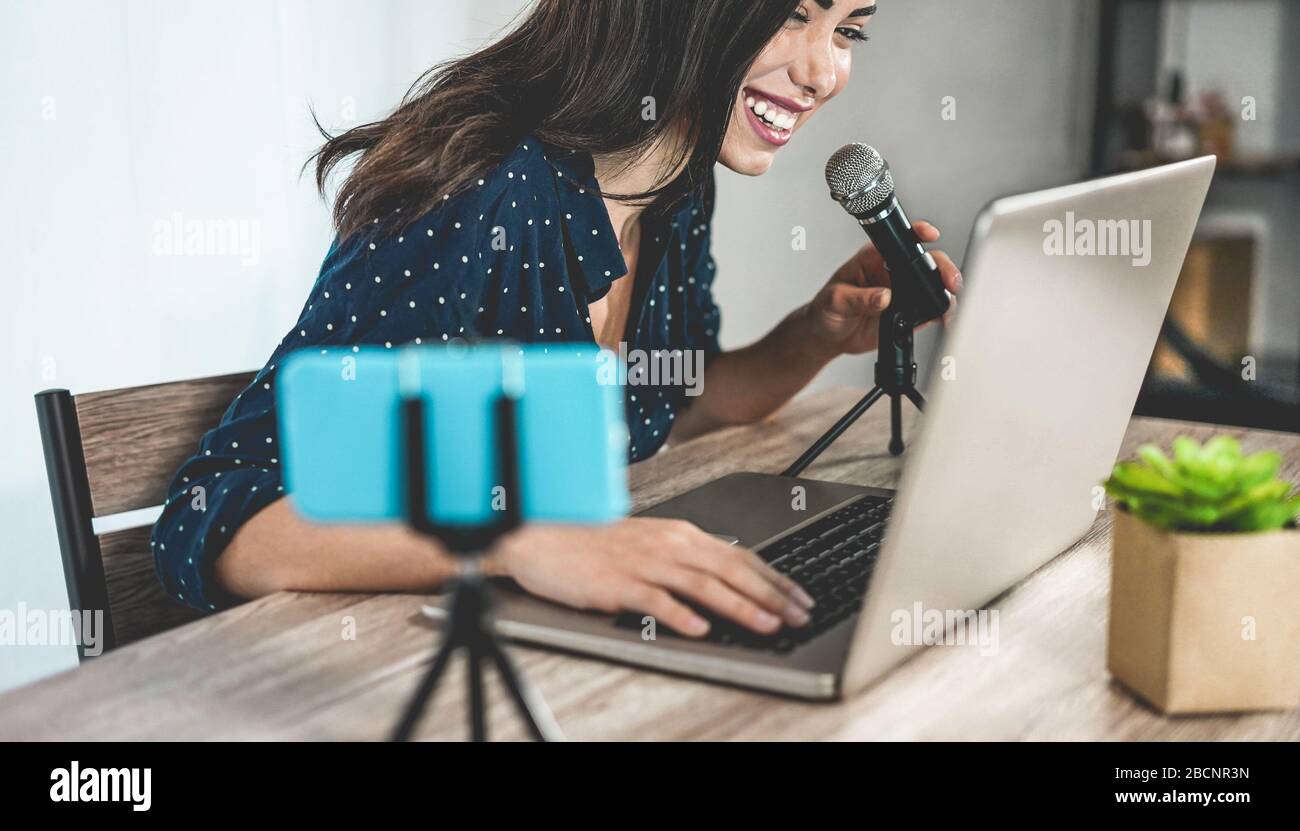 Girl influencer girl preparing video set while creating social media ...