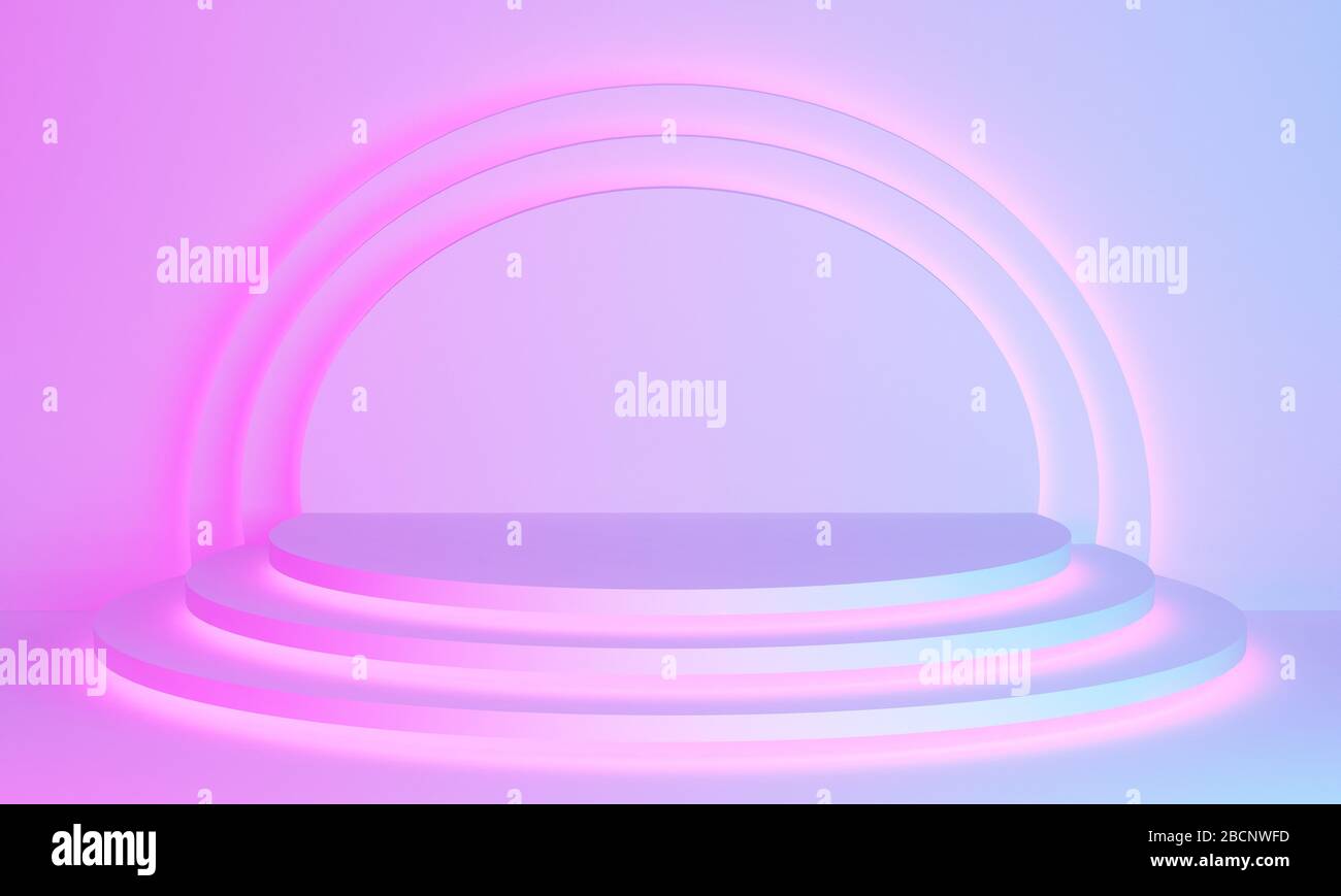 pastel stage podium with semicircular segments in backlit colors. 3d ...