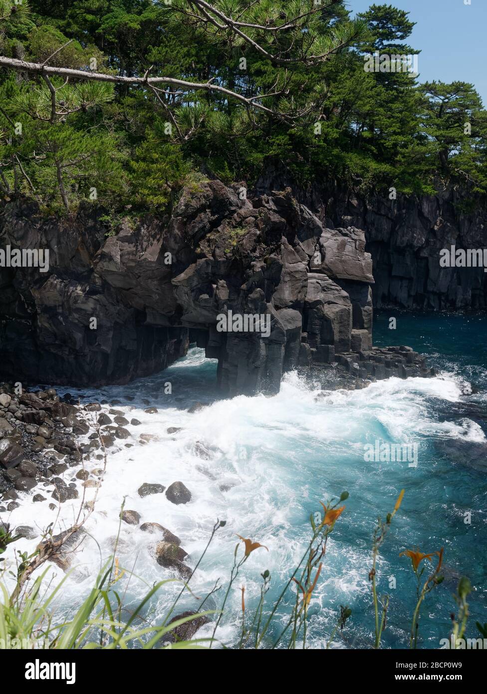 Wild rocky cliffs with columnar joints at the Jogasaki coast in Izu ...